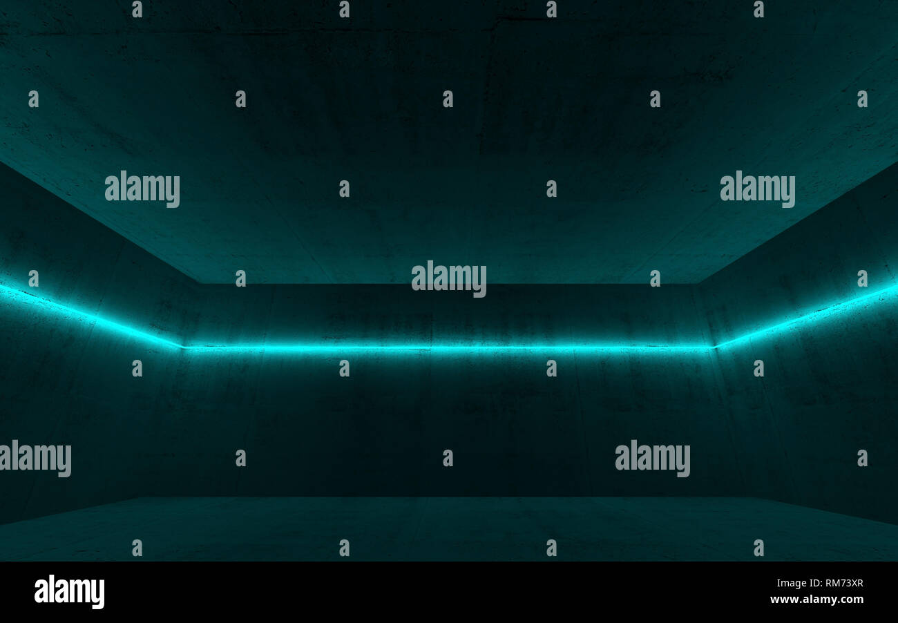Abstract empty dark concrete interior with glowing cyan neon light line ...