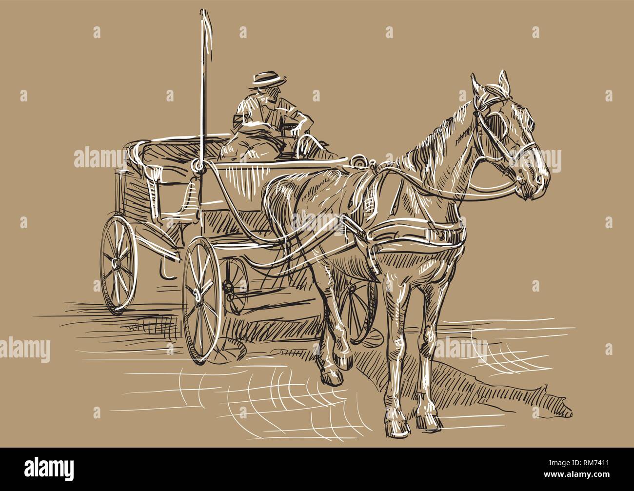 Vector hand drawing Illustration horse-drawn carriage with coachman ...
