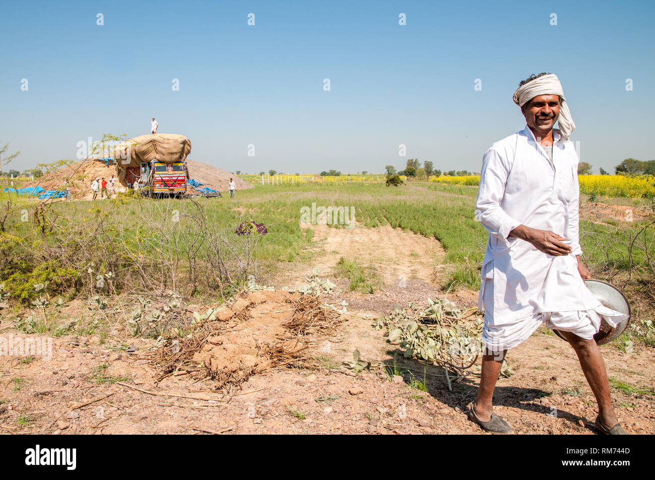 Smiling agricultural worker in the countryside of Rajasthan. Rajasthani ...