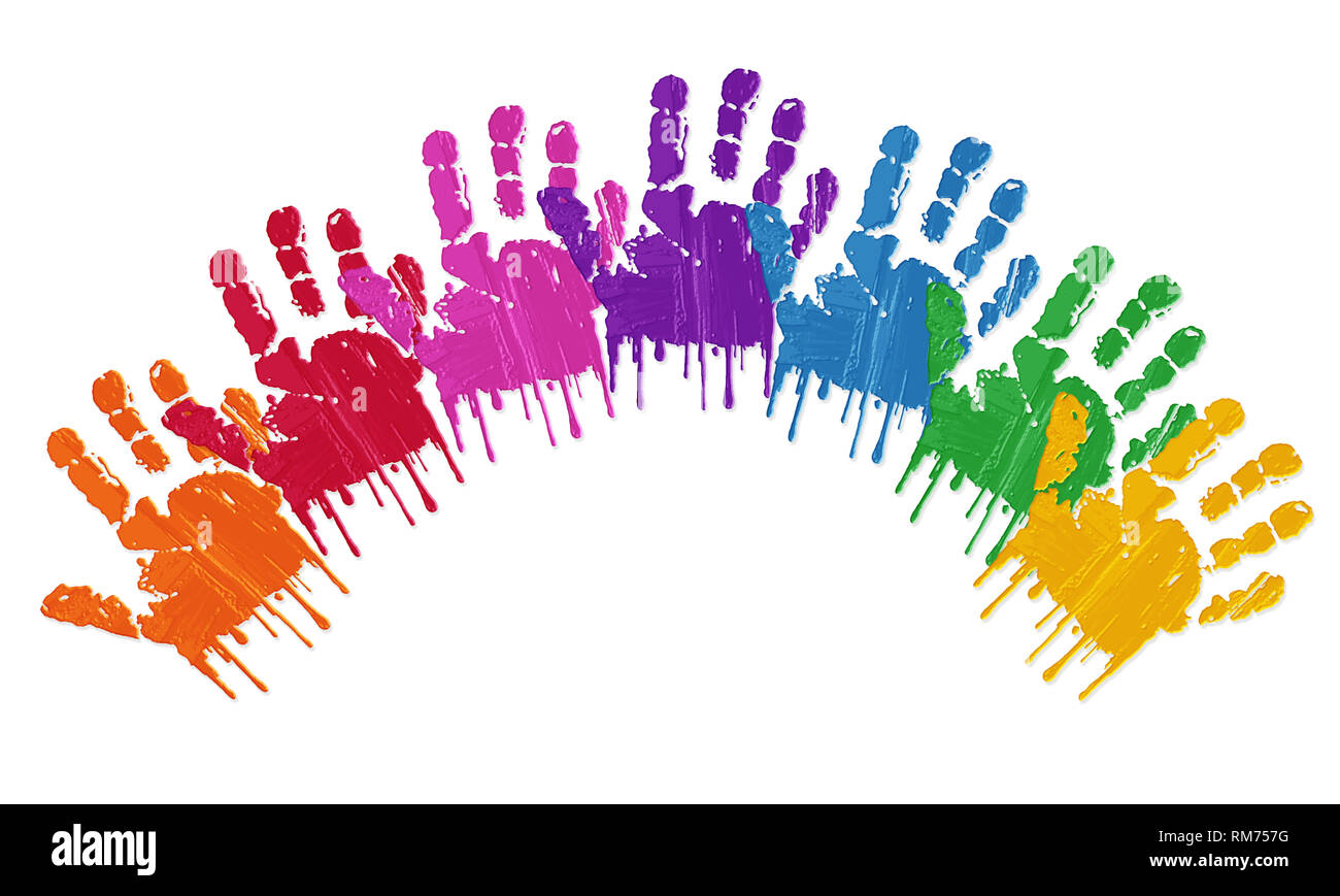 fresh painted rainbow hand prints Stock Photo - Alamy