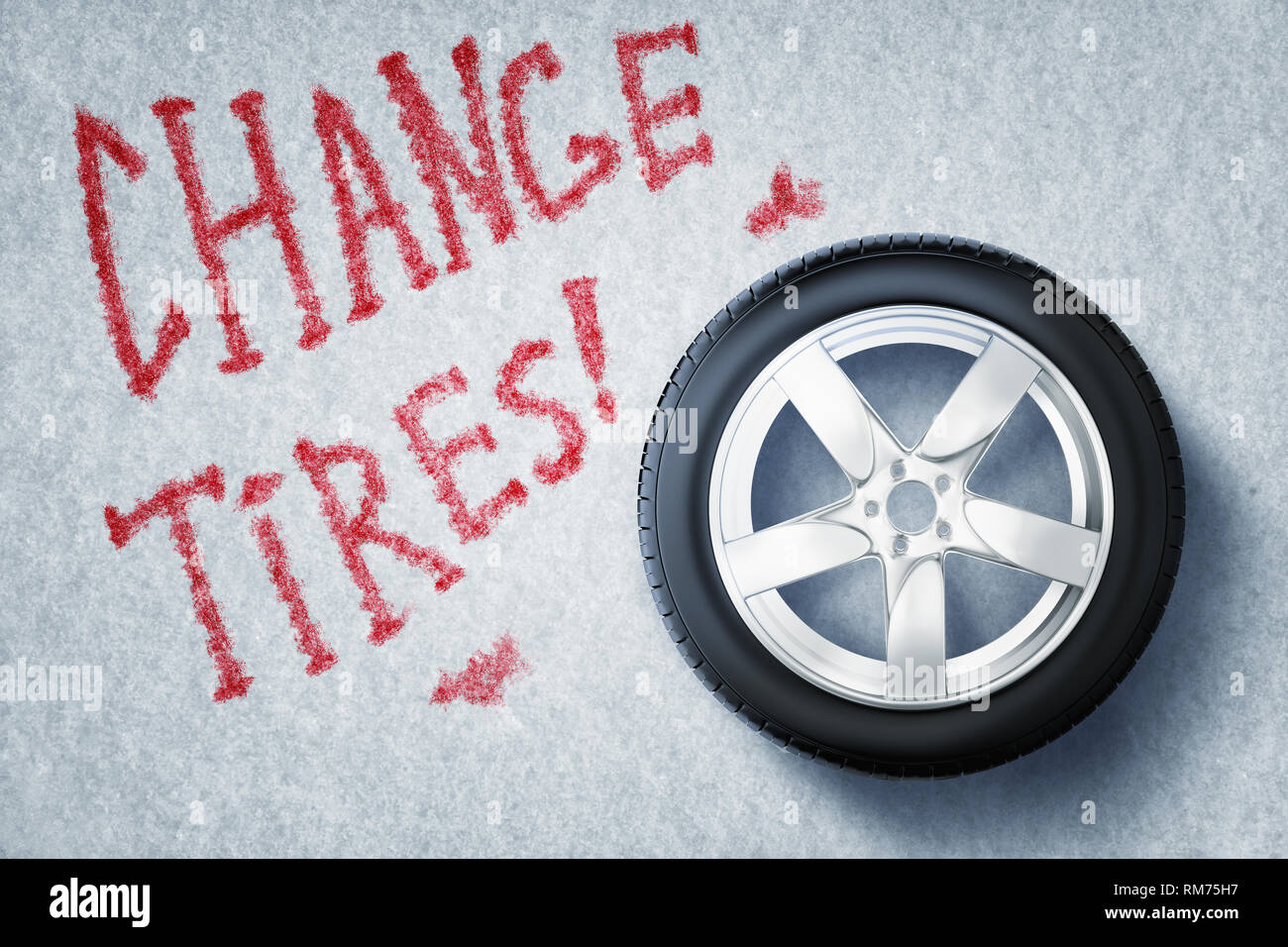 3d rendering of vehicle tire with red sign 'CHANGE TIRES' on grey ...