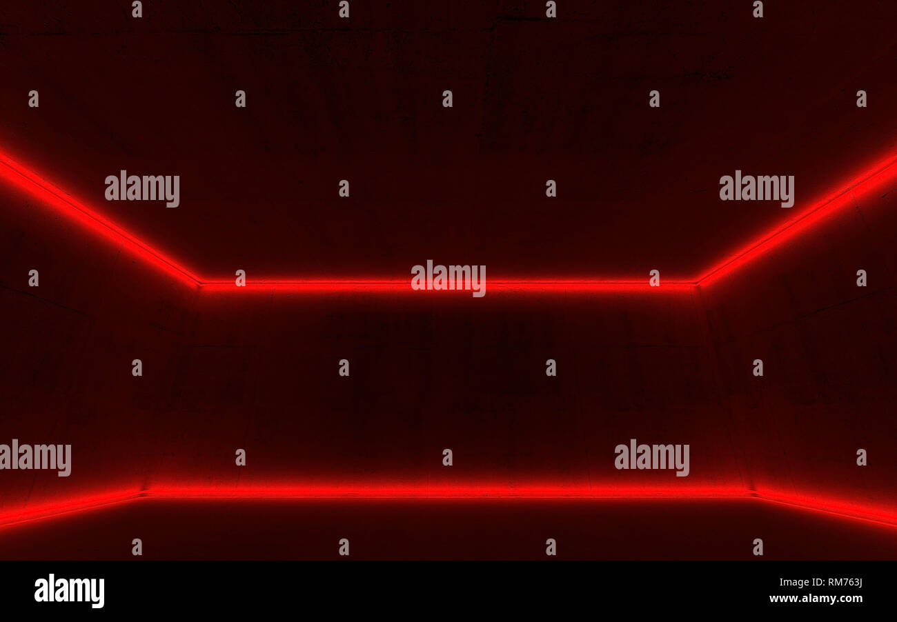 Abstract empty dark concrete interior with glowing red neon light lines ...