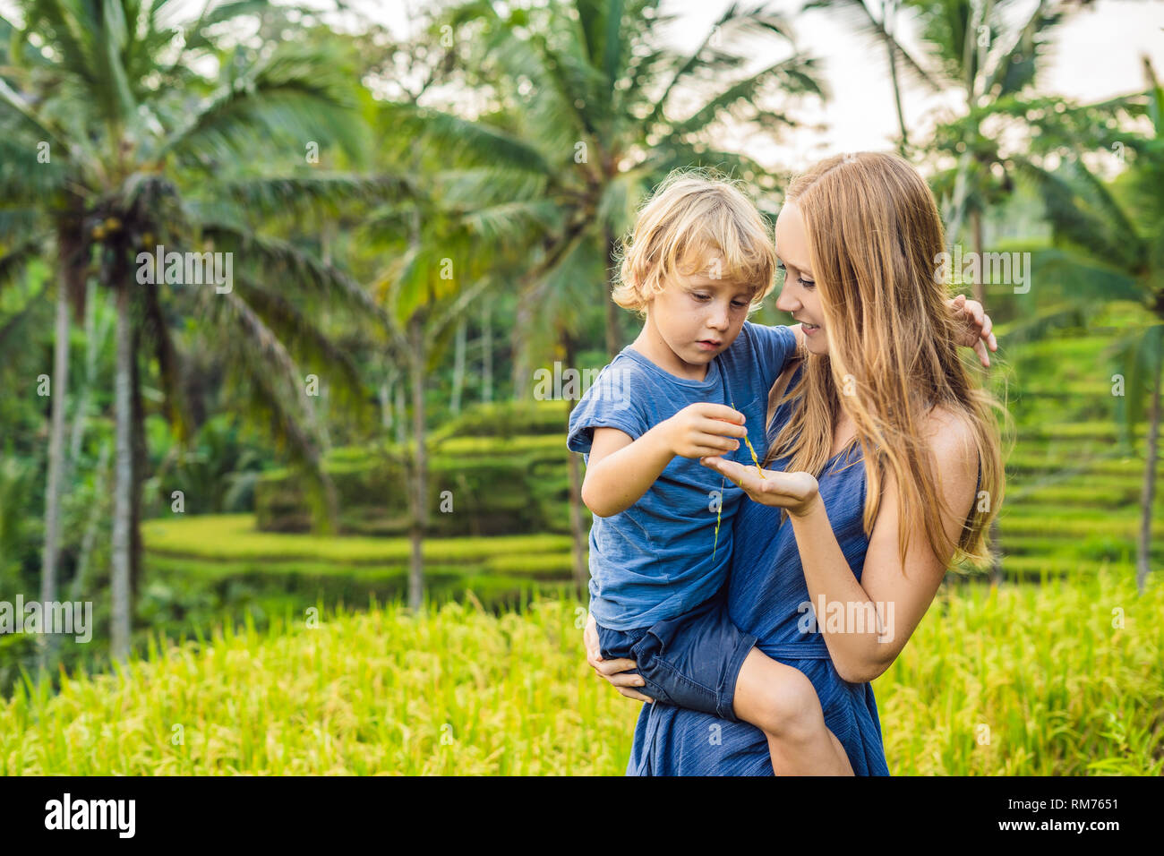 Mom and son on the rice field in the background of rice terraces, Ubud ...