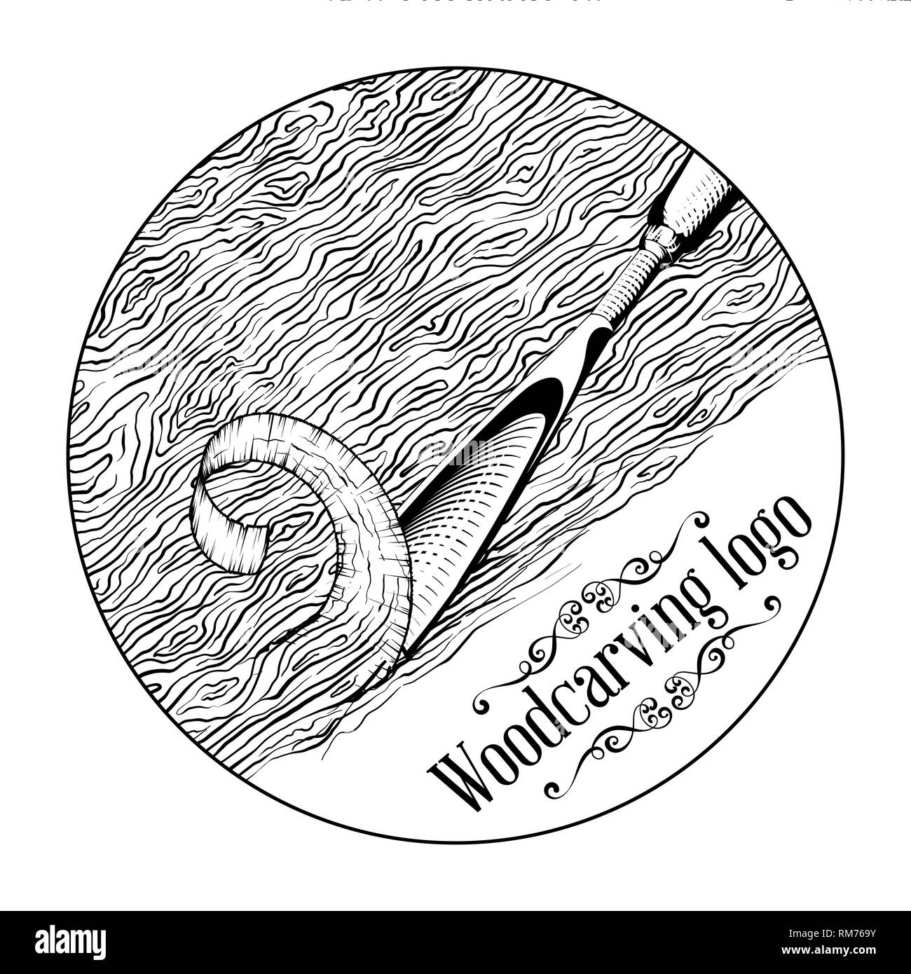 Woodcarving logotype Illustration with a chisel, cutting a wood slice ...