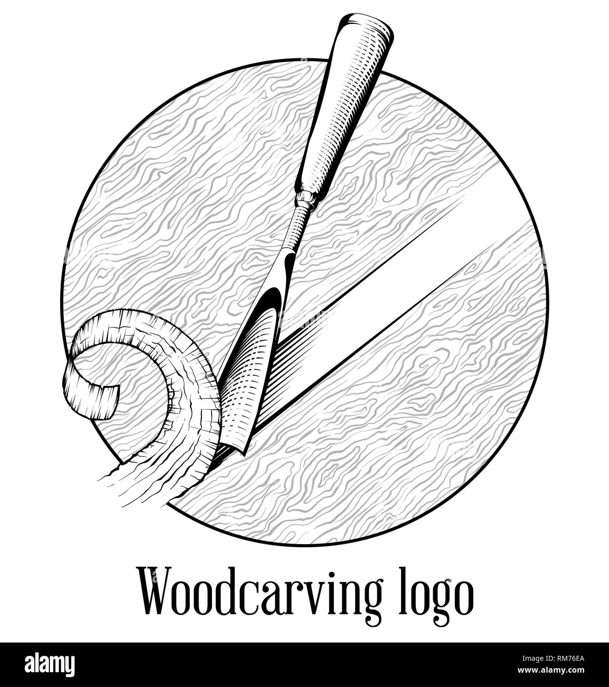 Woodcarving logotype Illustration with a chisel, cutting a wood slice ...