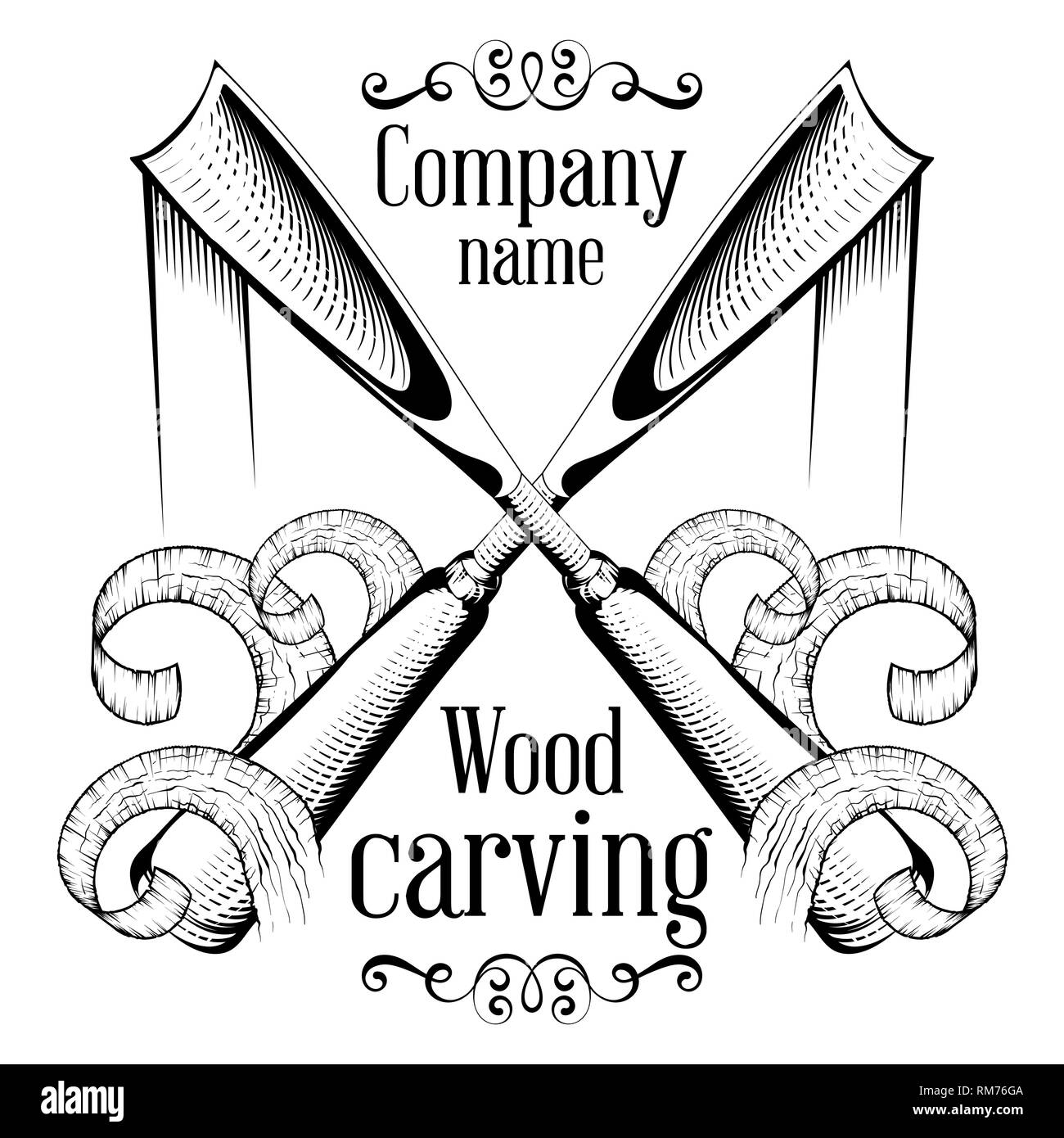 Woodcarving logotype Illustration with a chisel, cutting a wood slice ...