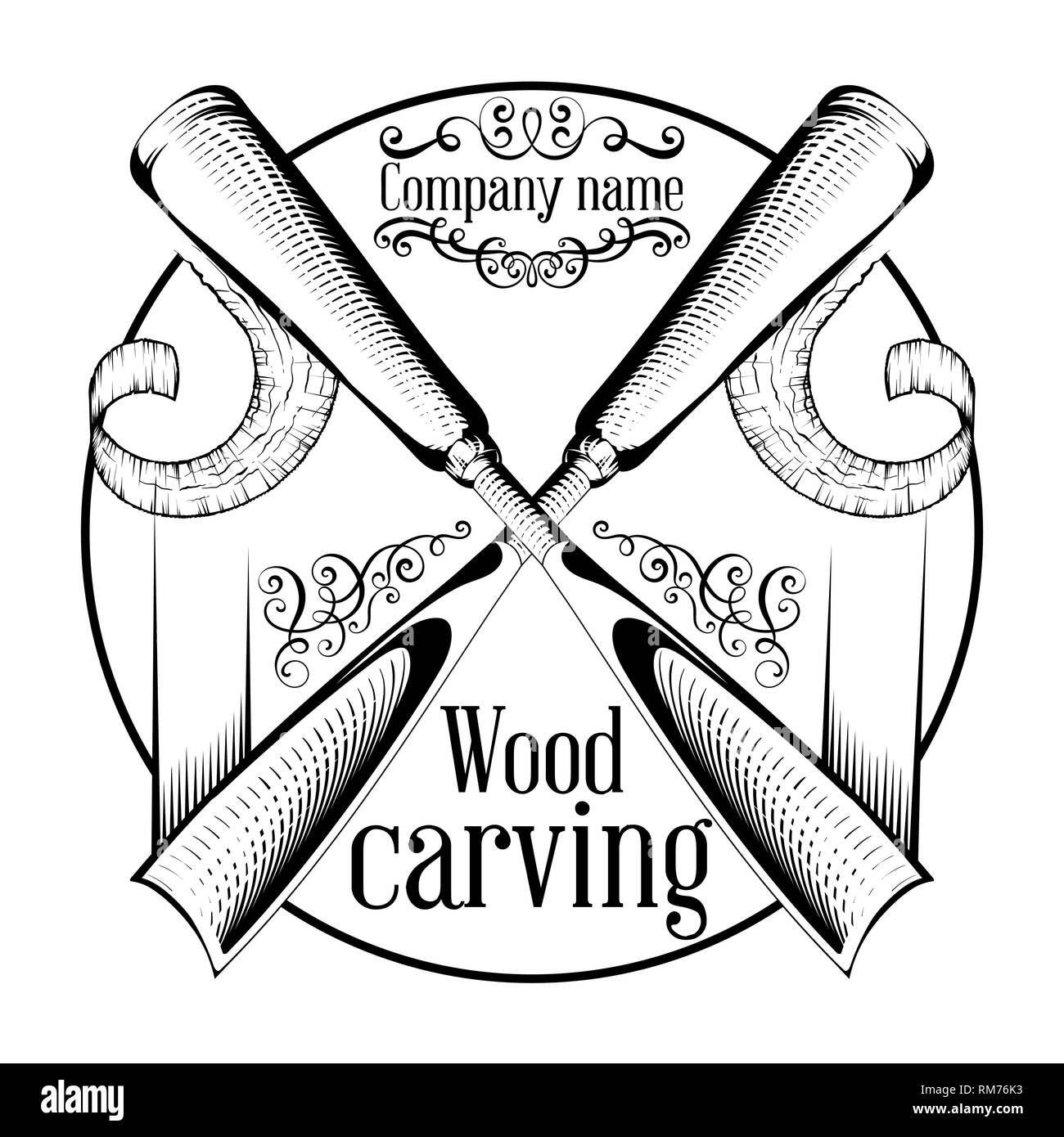 Woodcarving logotype Illustration with a chisel, cutting a wood slice ...