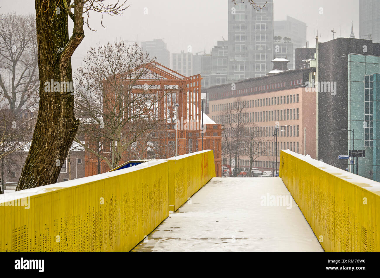 Rotterdam, January 22, 2019: view along the yellow wooden Luchtsingel ...