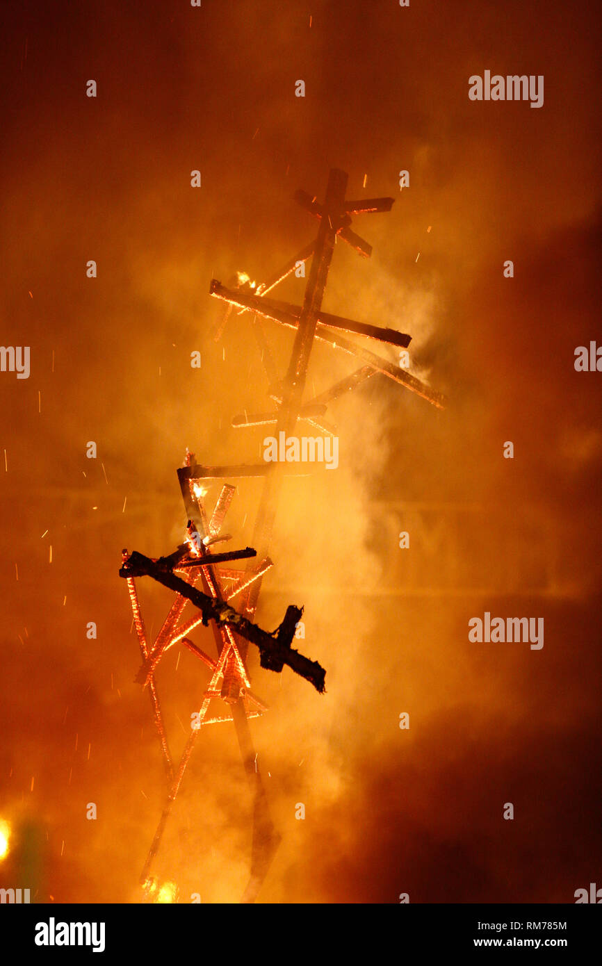 Valencia, Spain - February 13, 2019: Remains of a Falla burning in the ...