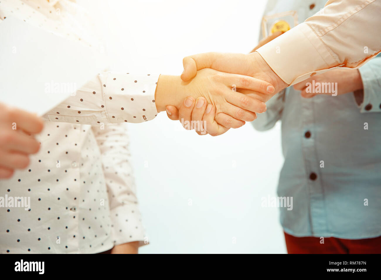 Handshake. Boss approving and congratulating young successful employee ...
