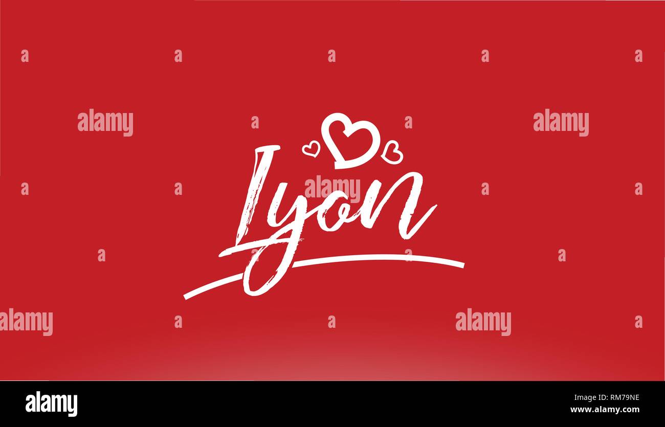 lyon white city hand written text with heart on red background for logo ...