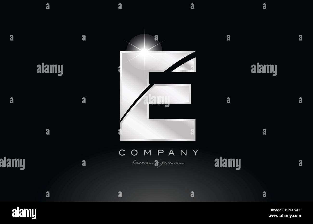 silver letter e metal alphabet logo icon design with grey color on ...