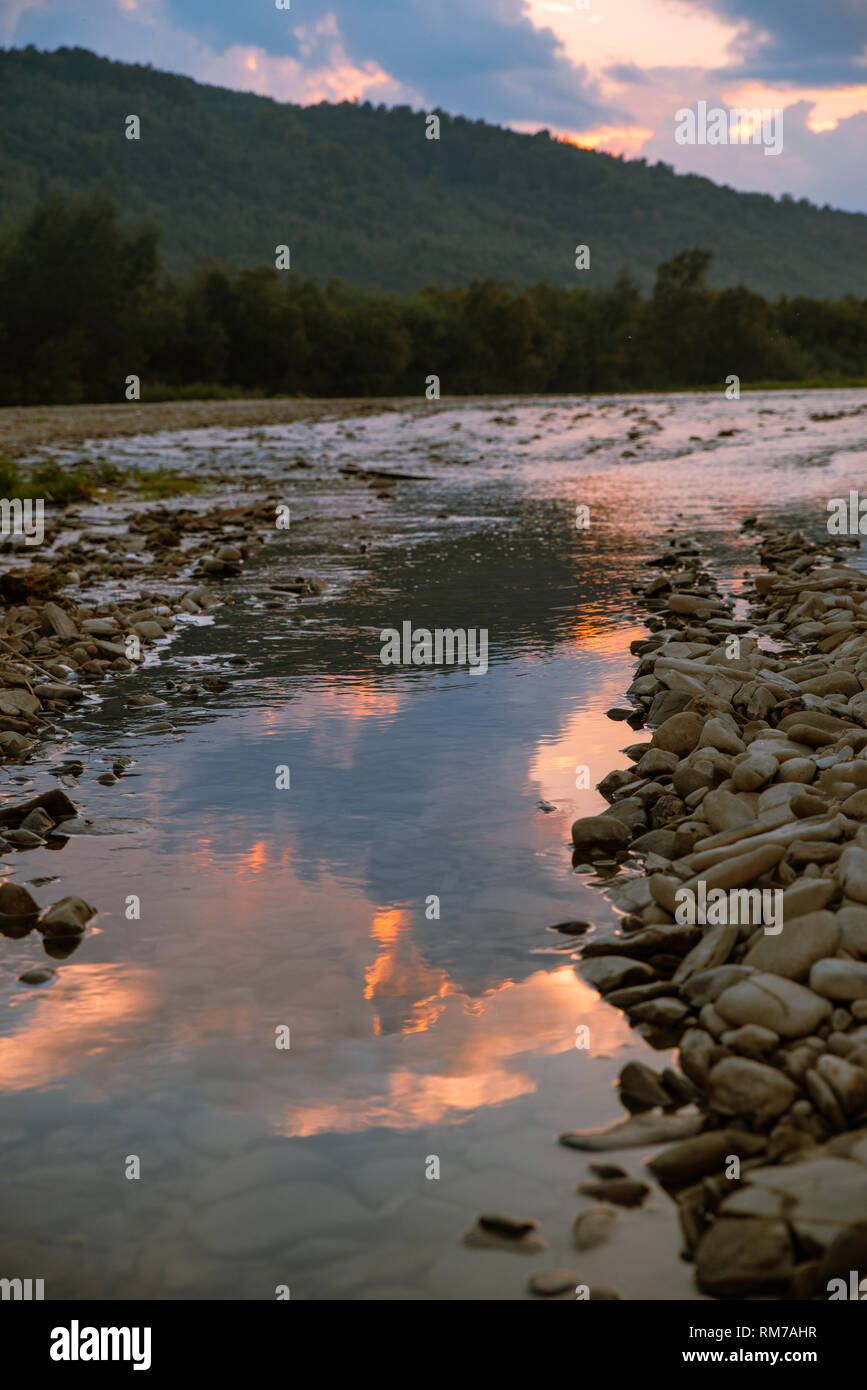 landscape view of sunset over mountain river. outdoors Stock Photo - Alamy