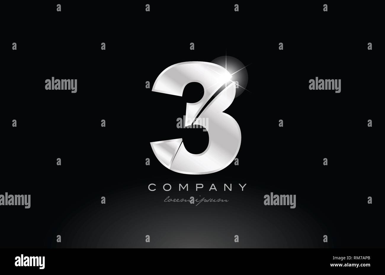 silver metal 3 number logo icon design with grey color on black ...