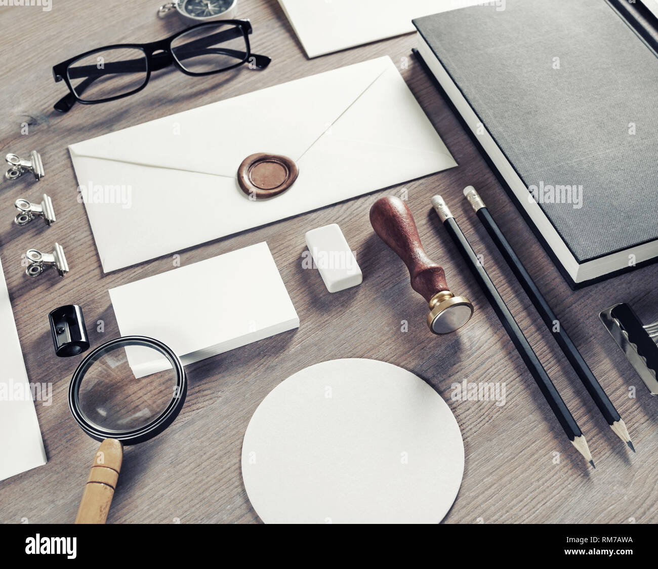 Photo of blank vintage stationery set on wood table background Stock ...