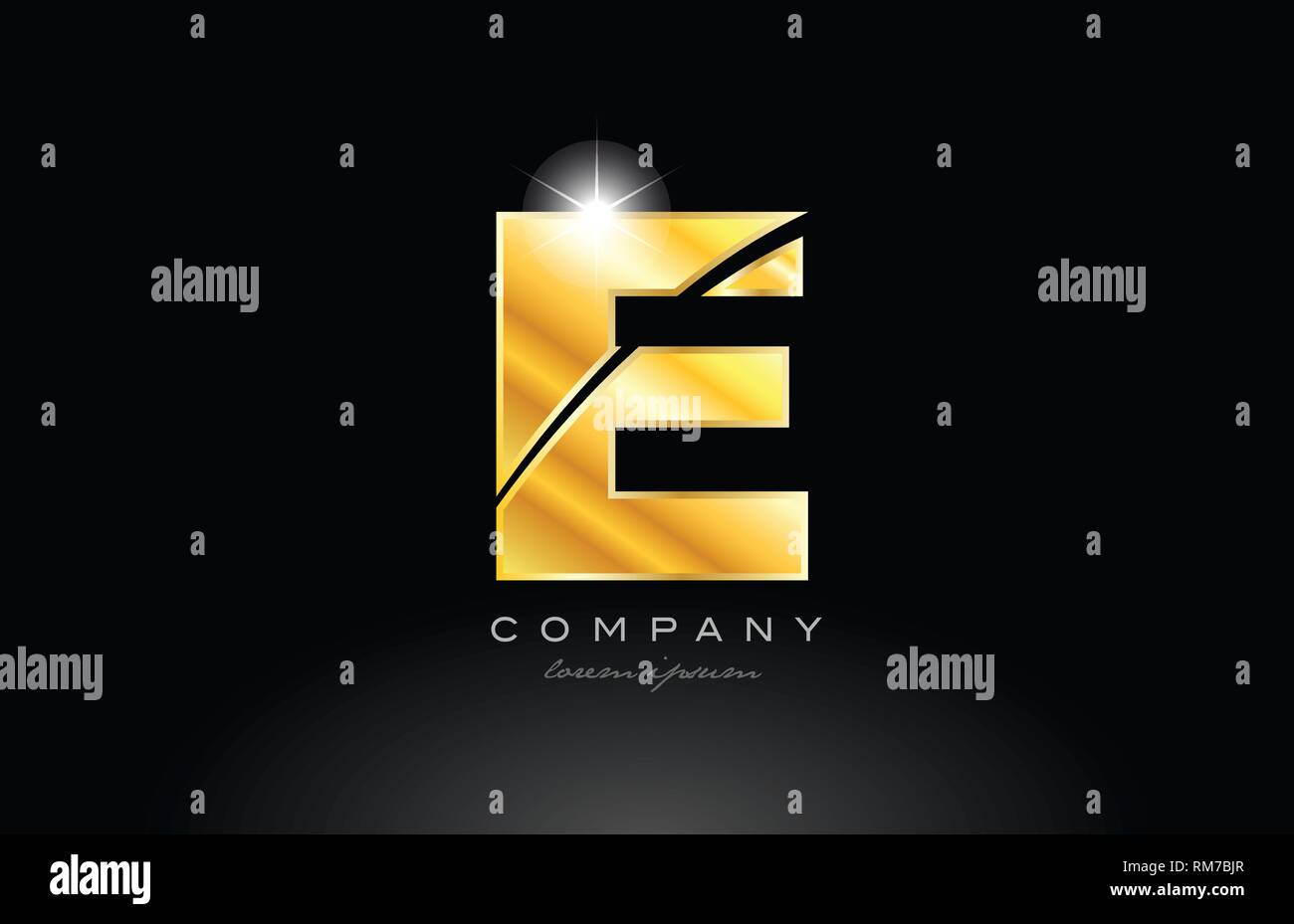 letter e gold golden alphabet logo icon design with metal look on black ...