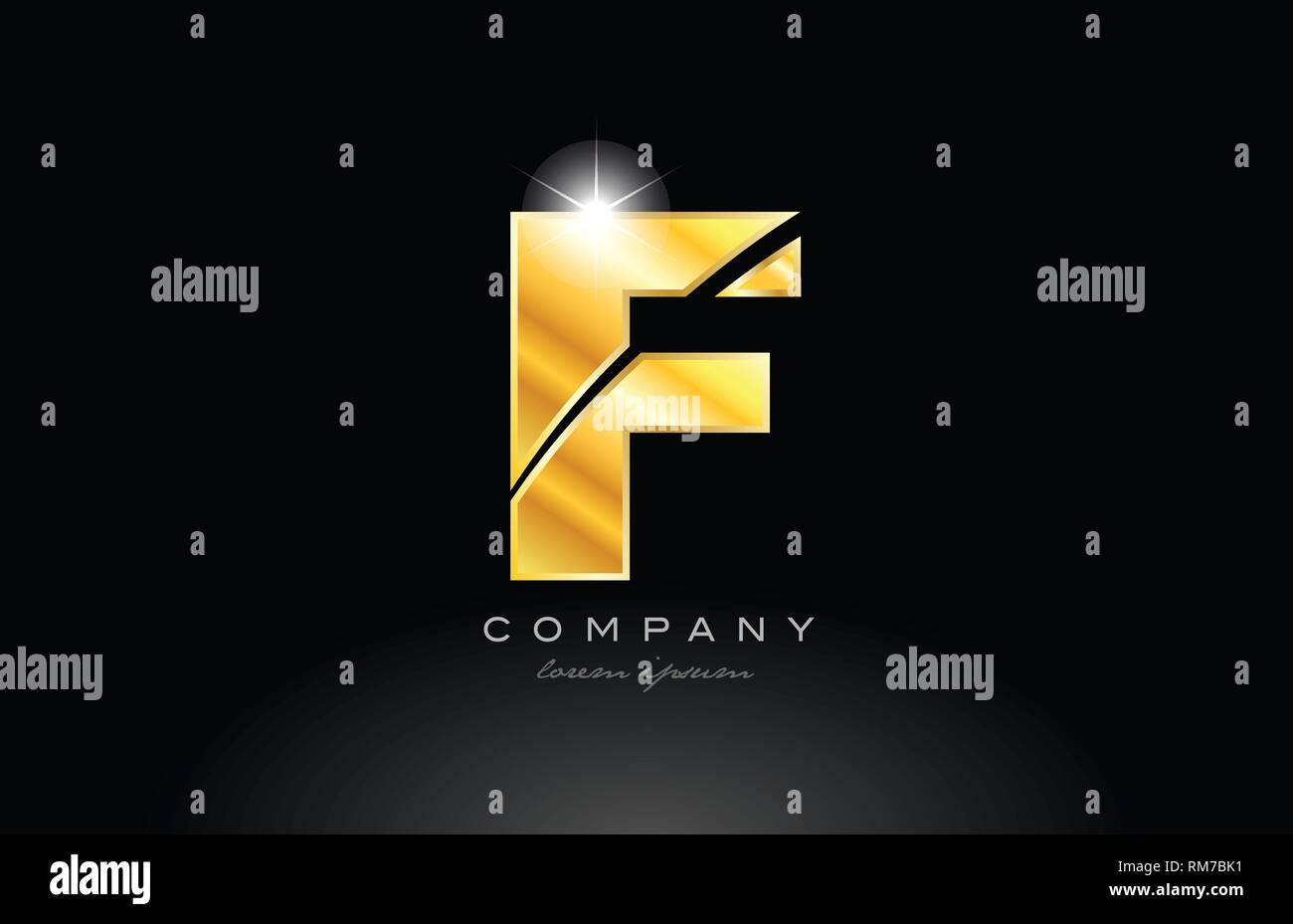 letter f gold golden alphabet logo icon design with metal look on black ...