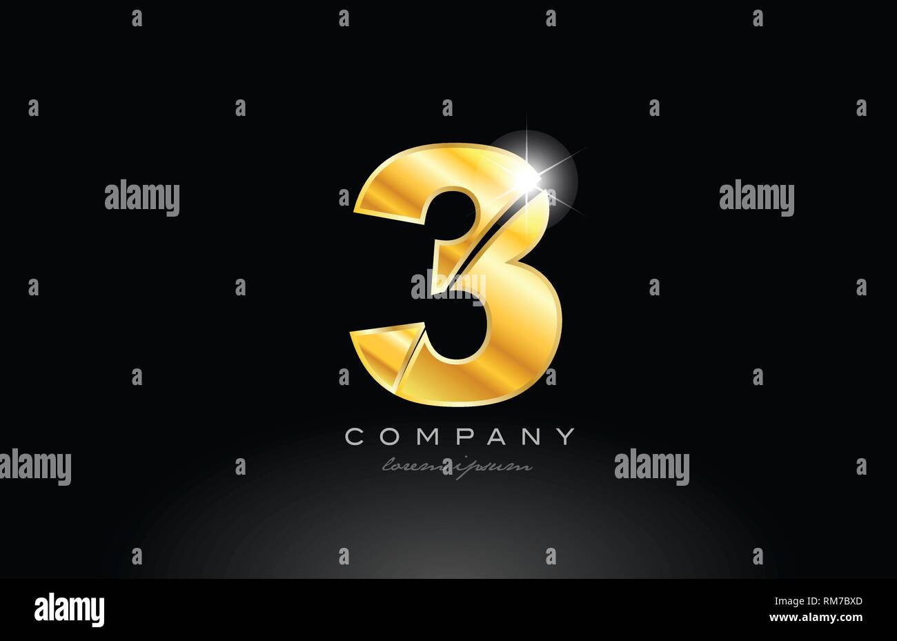 number 3 gold golden logo icon design with metal look on black ...