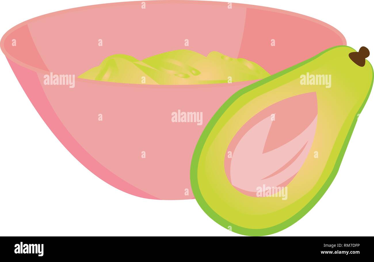 Avocado mashed in a bowl and a half of avocado with a bone vector ...