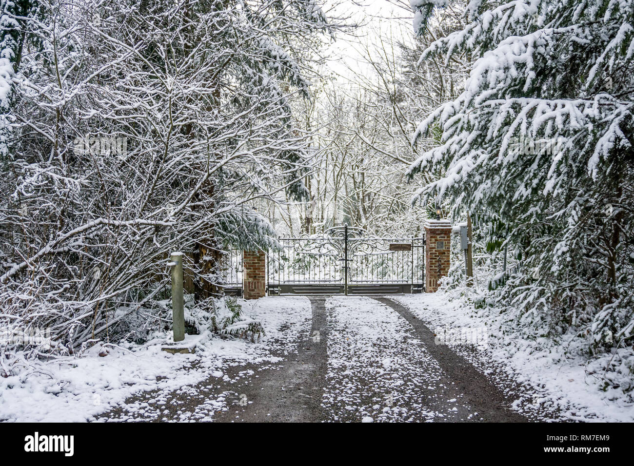A view of a private gate that is surrounded by snow Stock Photo - Alamy