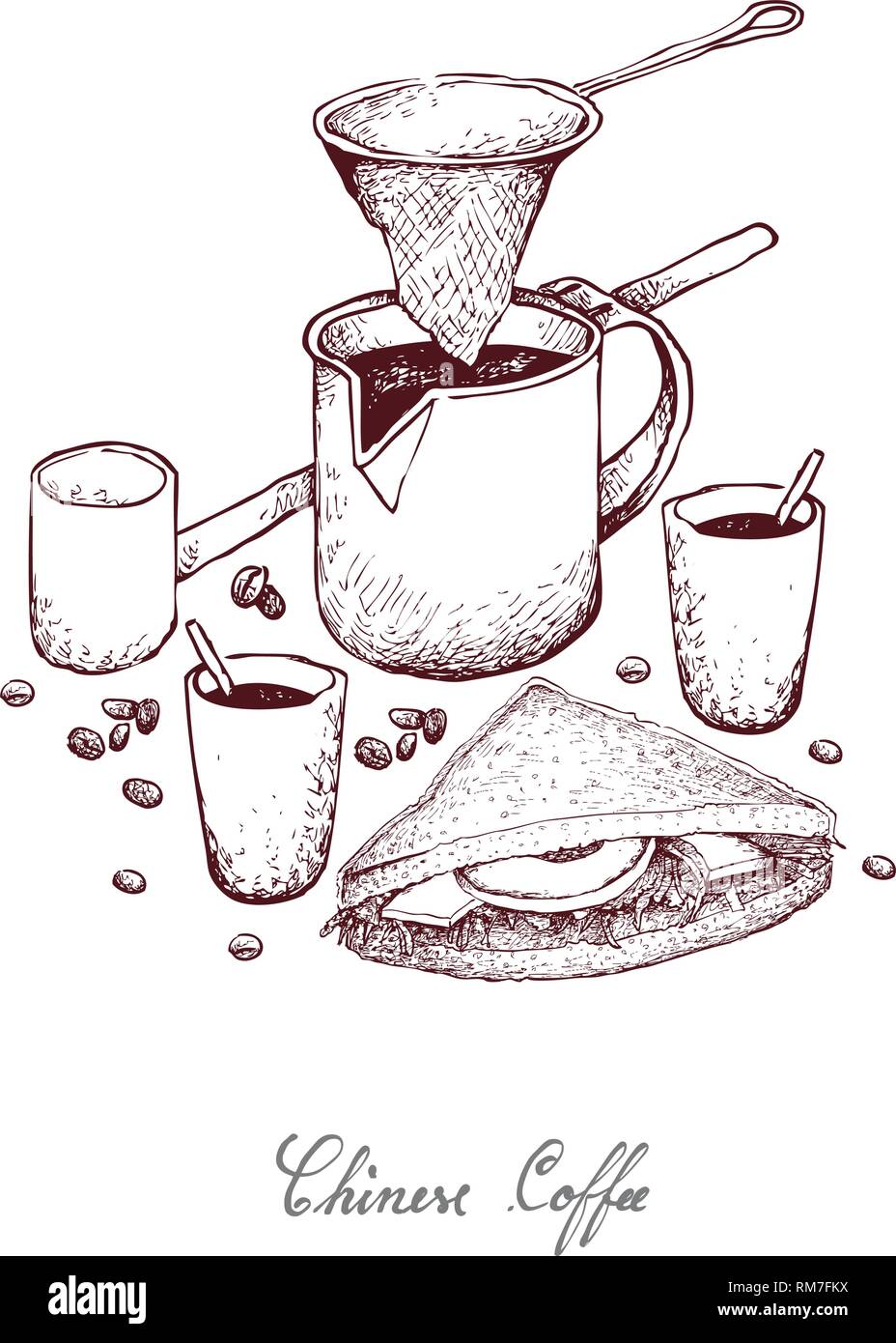 Illustration Hand Drawn Sketch of Chinese Coffee with Clubhouse ...