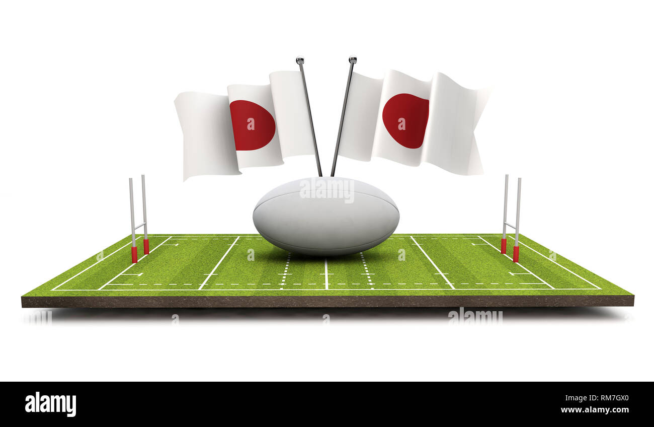 Japan flags with a rugby ball and pitch. 3D Rendering Stock Photo - Alamy