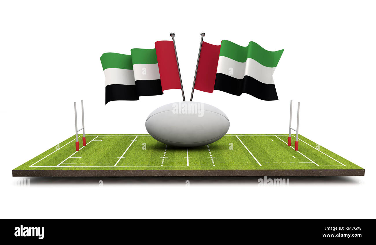 UAE flags with a rugby ball and pitch. 3D Rendering Stock Photo - Alamy