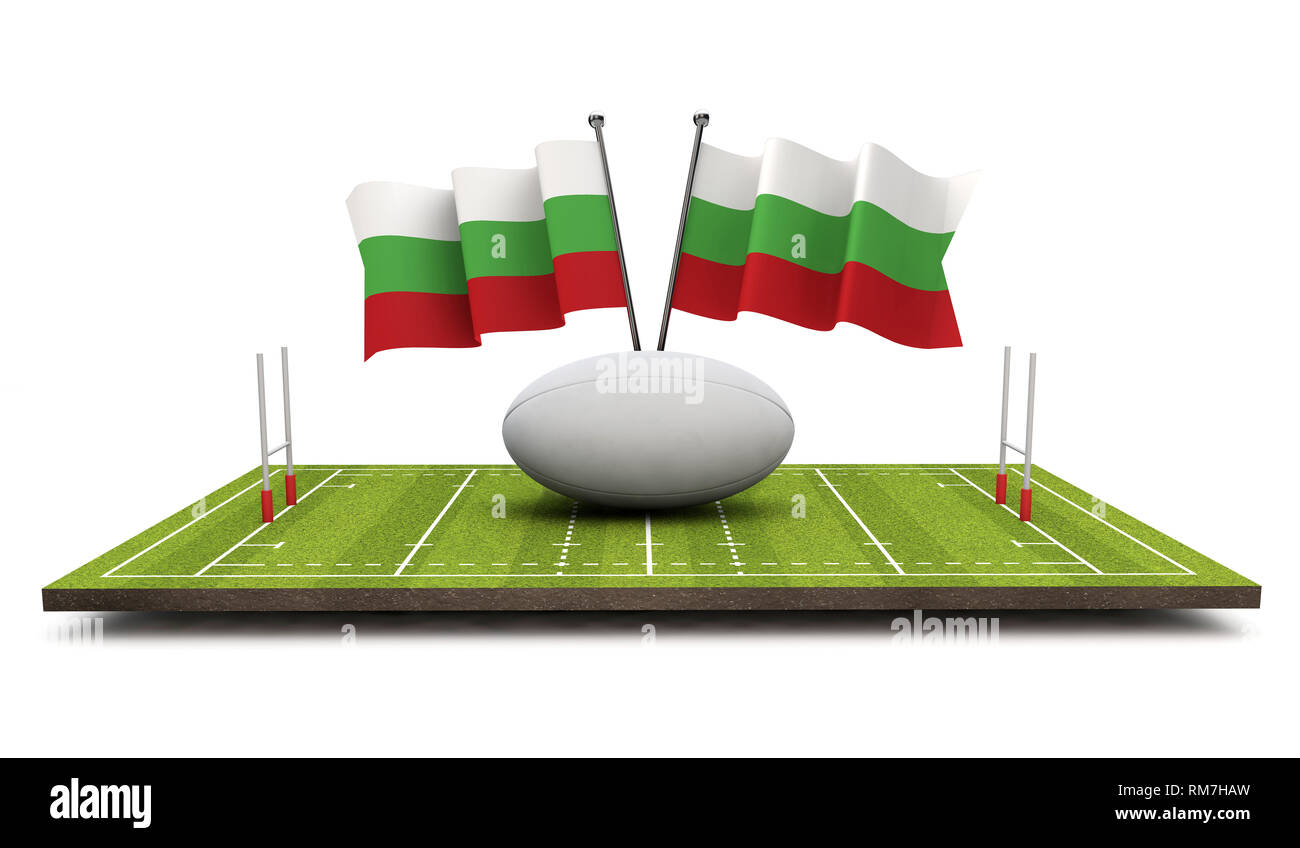 Bulgaria flags with a rugby ball and pitch. 3D Rendering Stock Photo ...