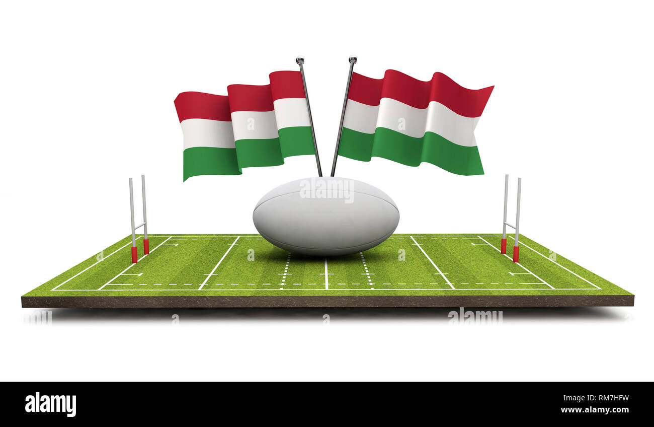 Hungary flags with a rugby ball and pitch. 3D Rendering Stock Photo - Alamy