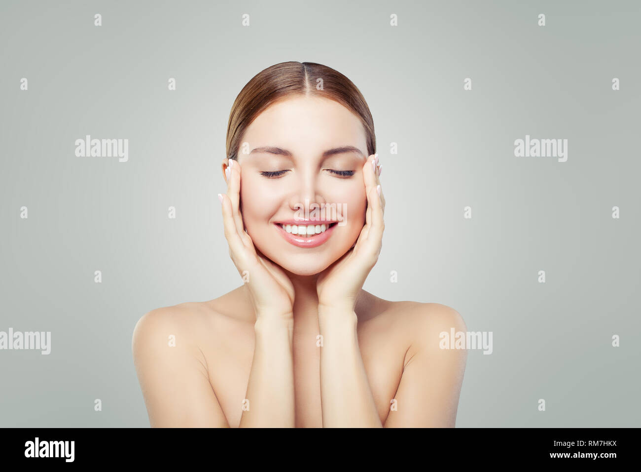 Woman relaxing. Eyes closed. Young perfect female face. Spa treatment ...