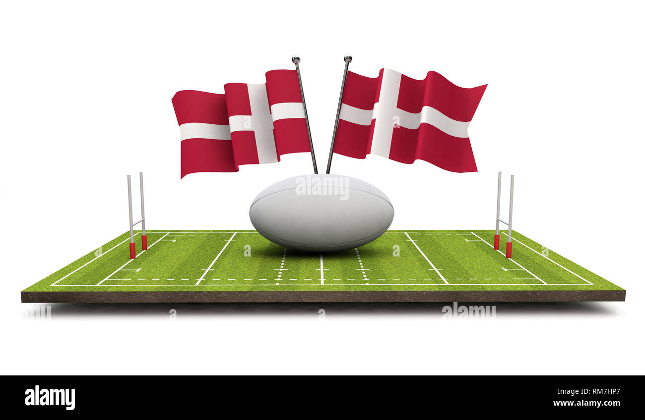 Denmark flags with a rugby ball and pitch. 3D Rendering Stock Photo - Alamy