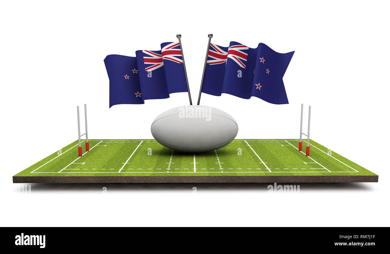 New Zealand flags with a rugby ball and pitch. 3D Rendering Stock Photo ...