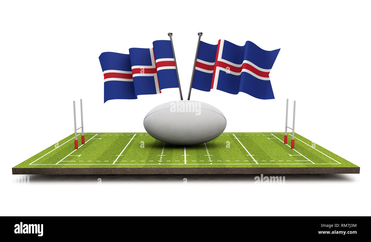 Iceland flags with a rugby ball and pitch. 3D Rendering Stock Photo - Alamy