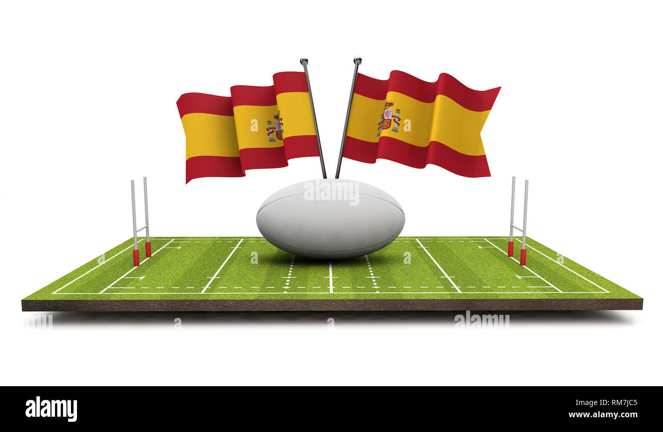 Spain flags with a rugby ball and pitch. 3D Rendering Stock Photo - Alamy
