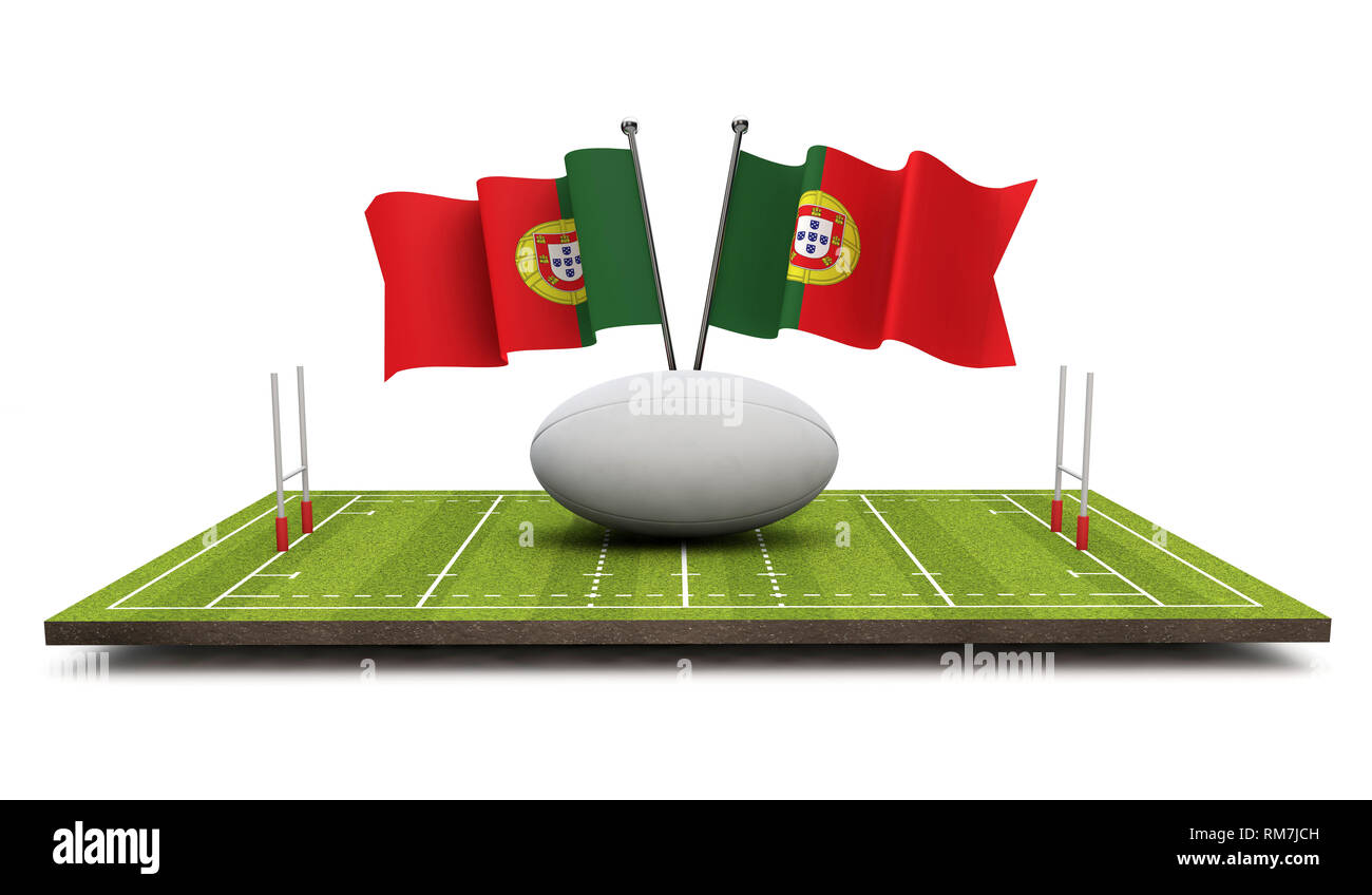 Portugal flags with a rugby ball and pitch. 3D Rendering Stock Photo ...
