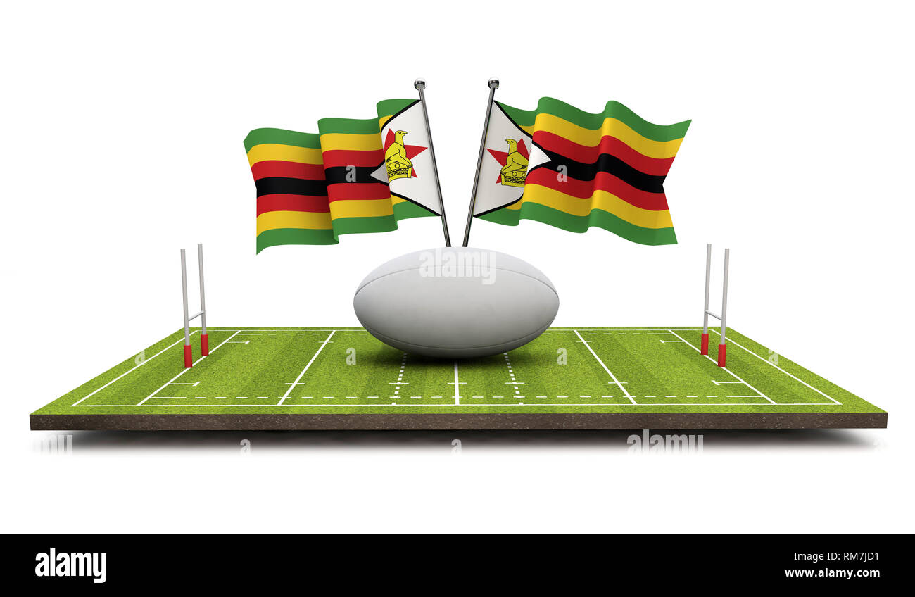 Zimbabwe flags with a rugby ball and pitch. 3D Rendering Stock Photo ...