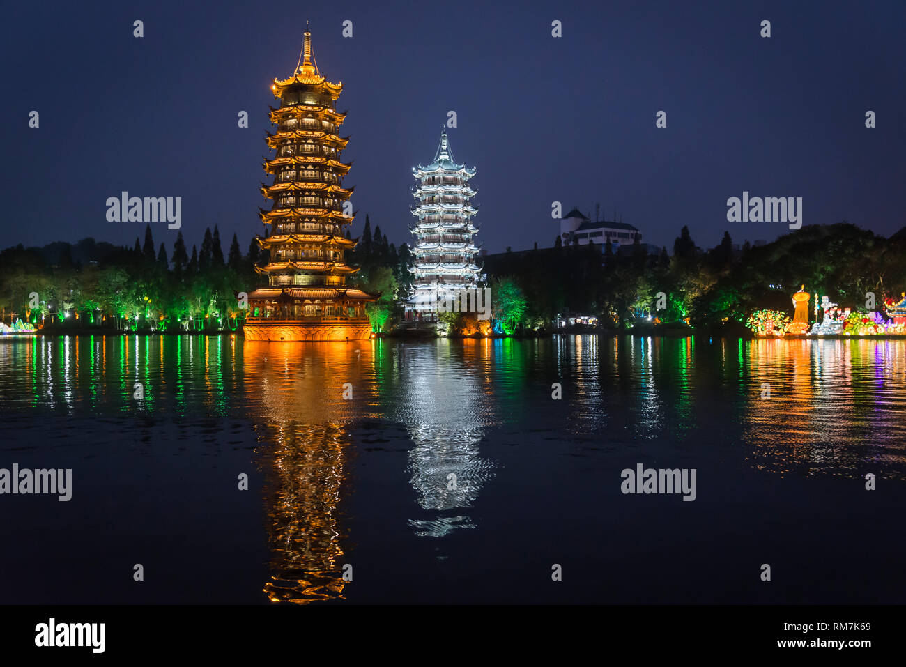 Sun And Moon Pagoda on Banyan Lake, Guilin, Guangxi province, China ...