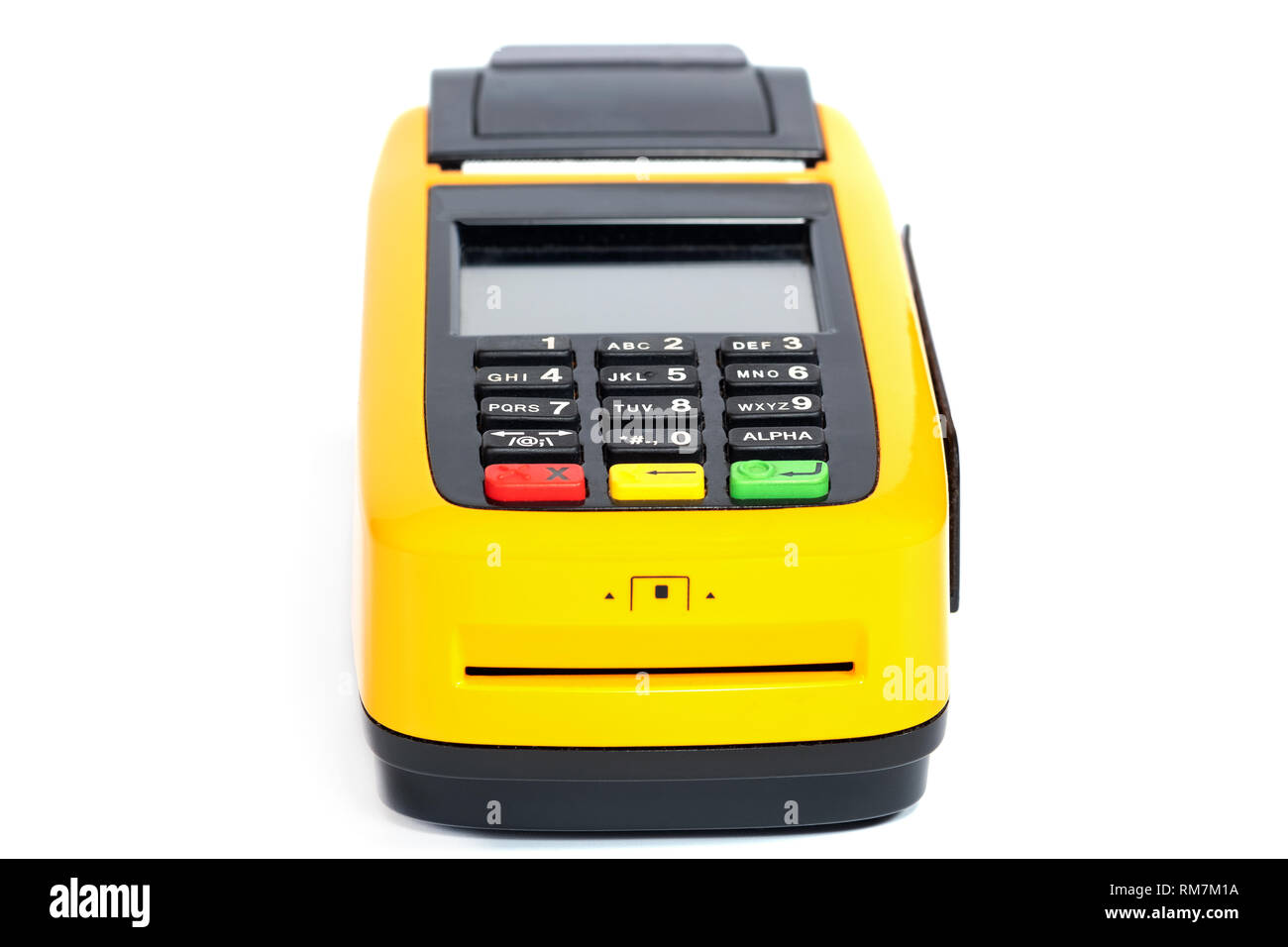 Yellow credit card reader terminal on isolated background. Easy payment ...