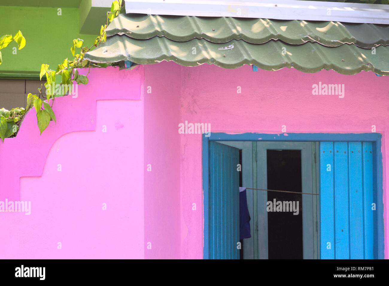 Blue window of a pink house (Ari Atoll, Maldives Stock Photo - Alamy
