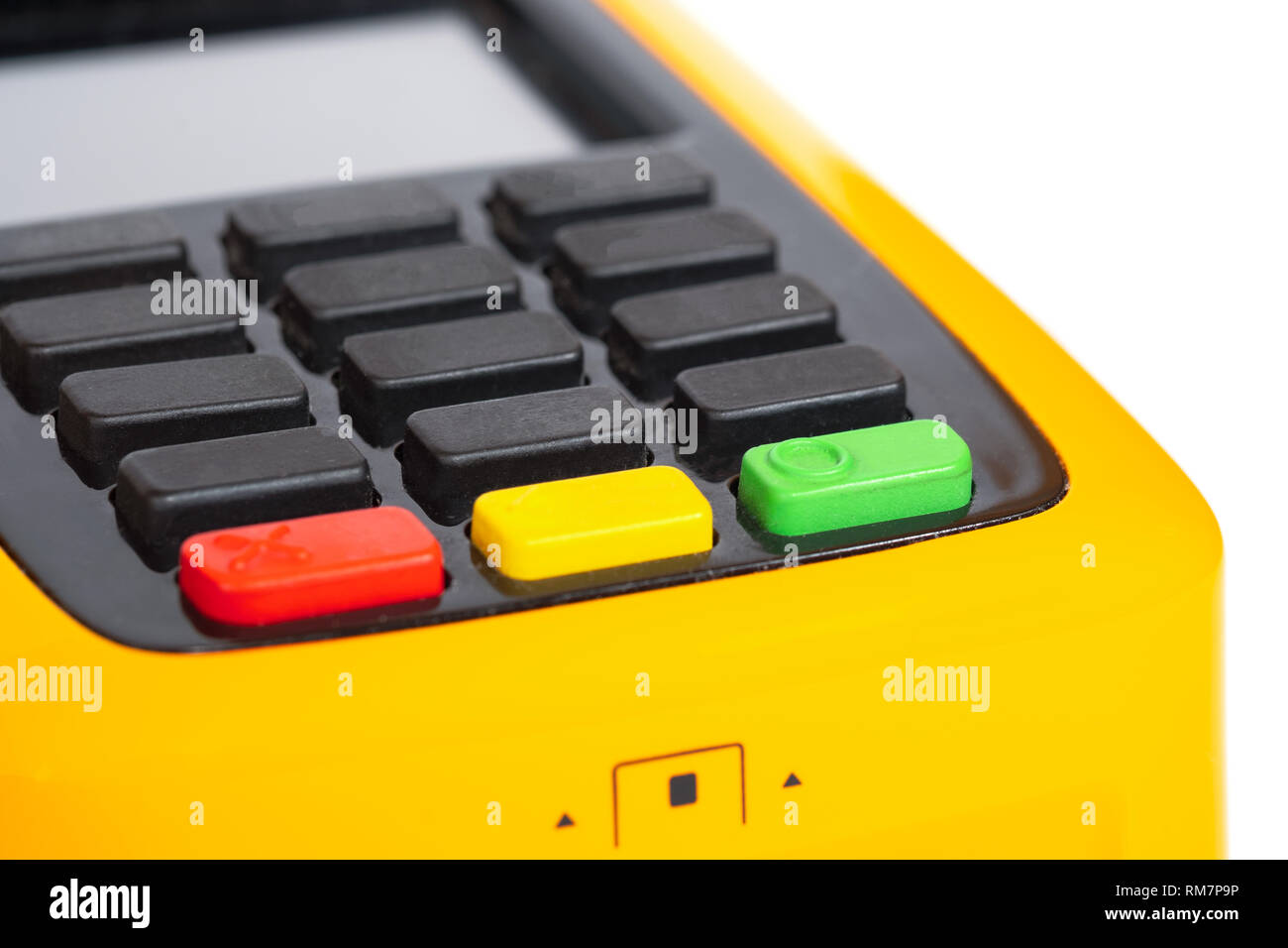 Yellow credit card reader terminal on isolated background. Easy payment ...