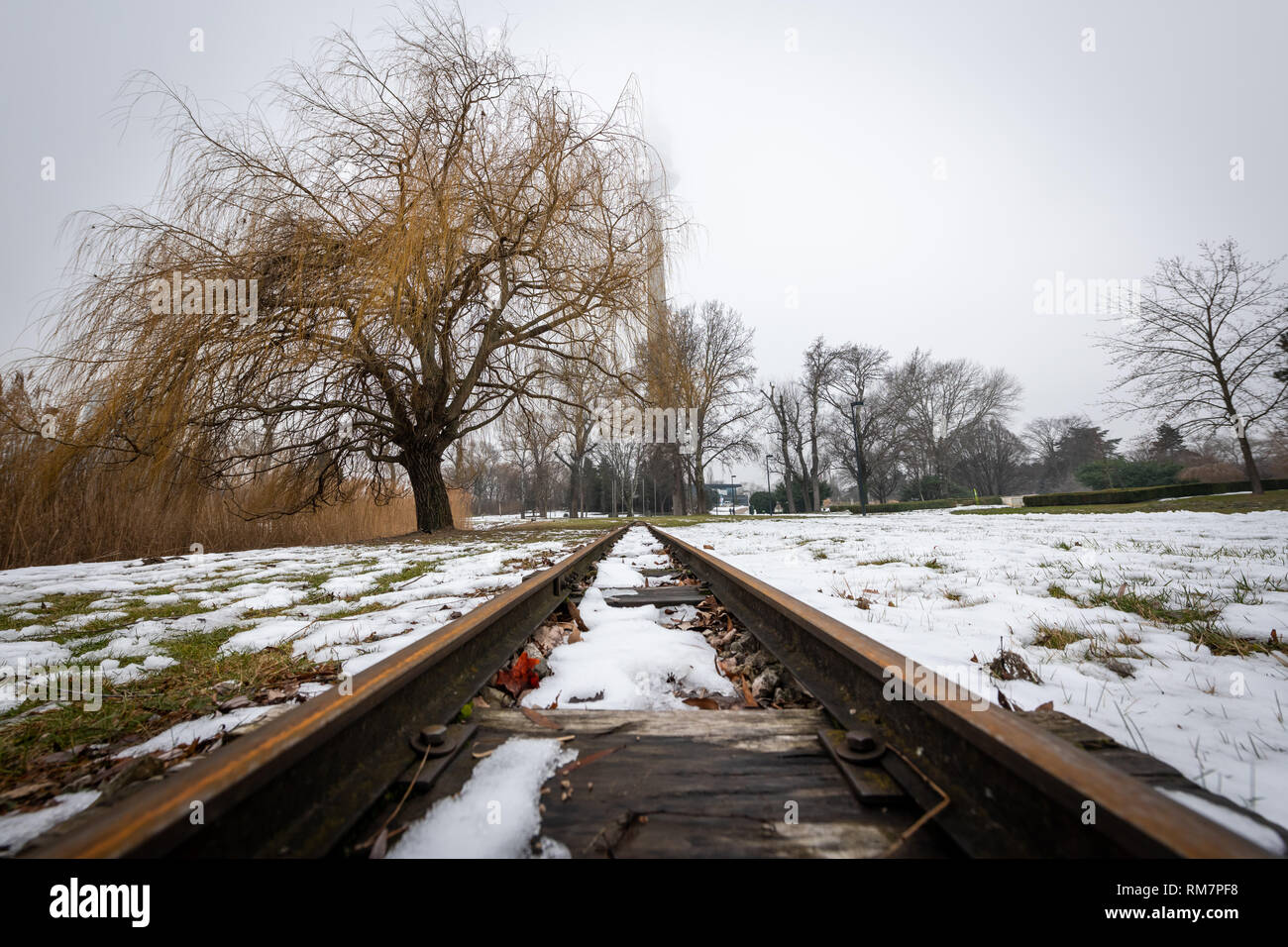 Rusty rails of a small railway in a park in winter (Vienna, Austria ...