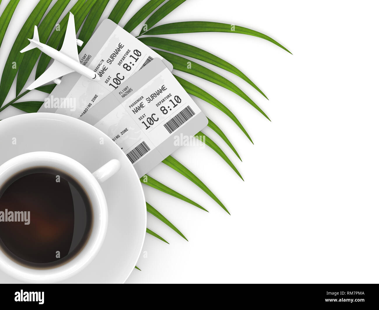 3d render of fly ticket with coffee and plane on white background with ...