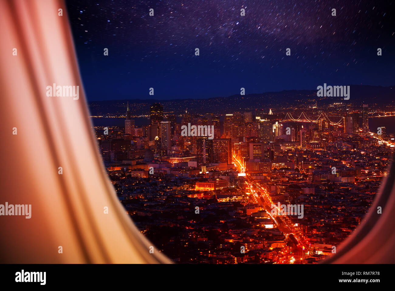 USA town night panorama view from plane window Stock Photo - Alamy