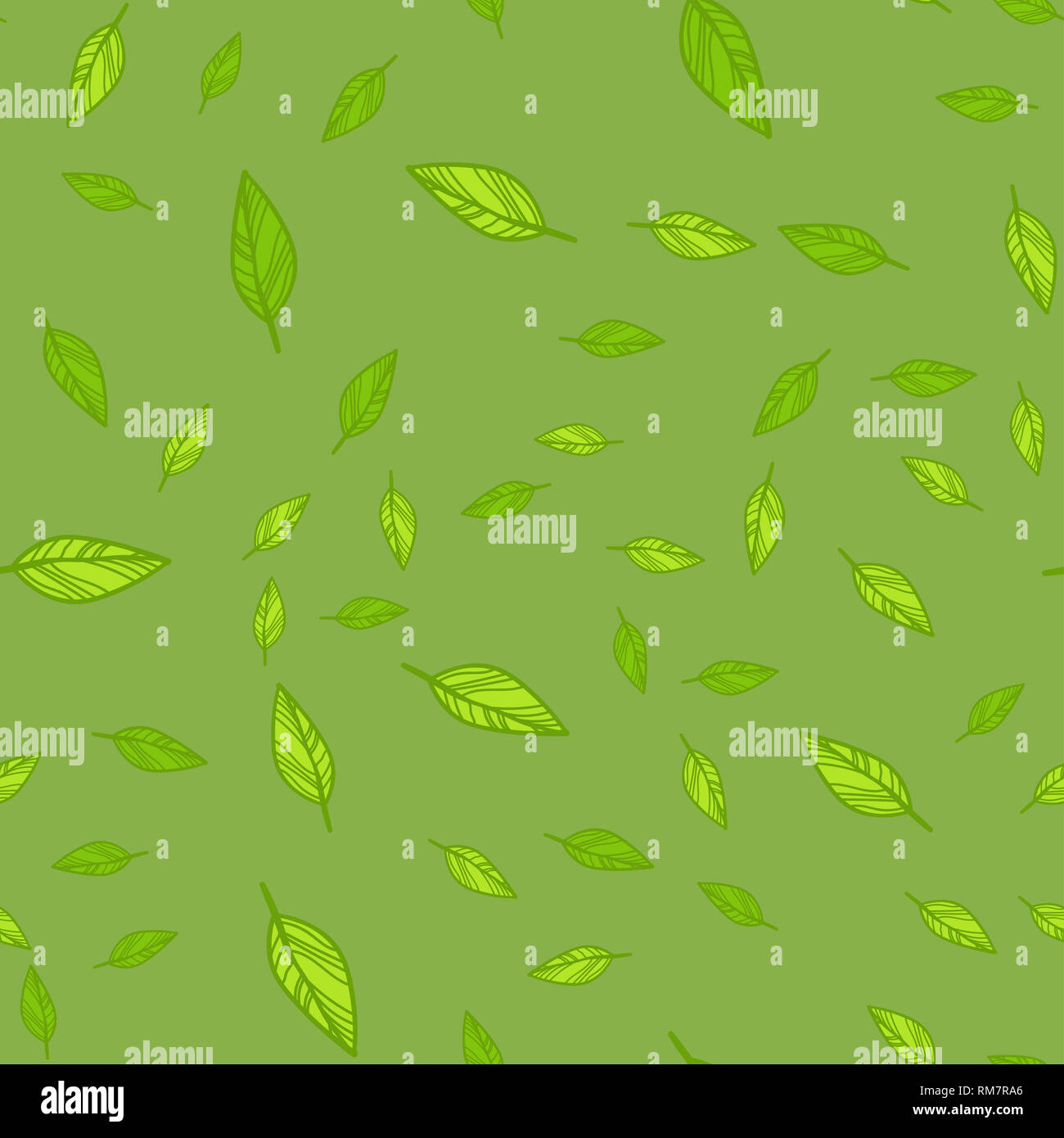 Seamless pattern of green leaves doodle. illustration on color ...
