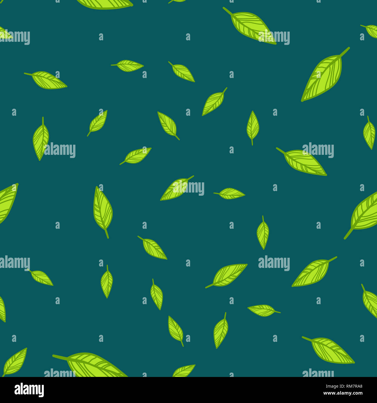 Seamless pattern of green leaves doodle. illustration on color ...