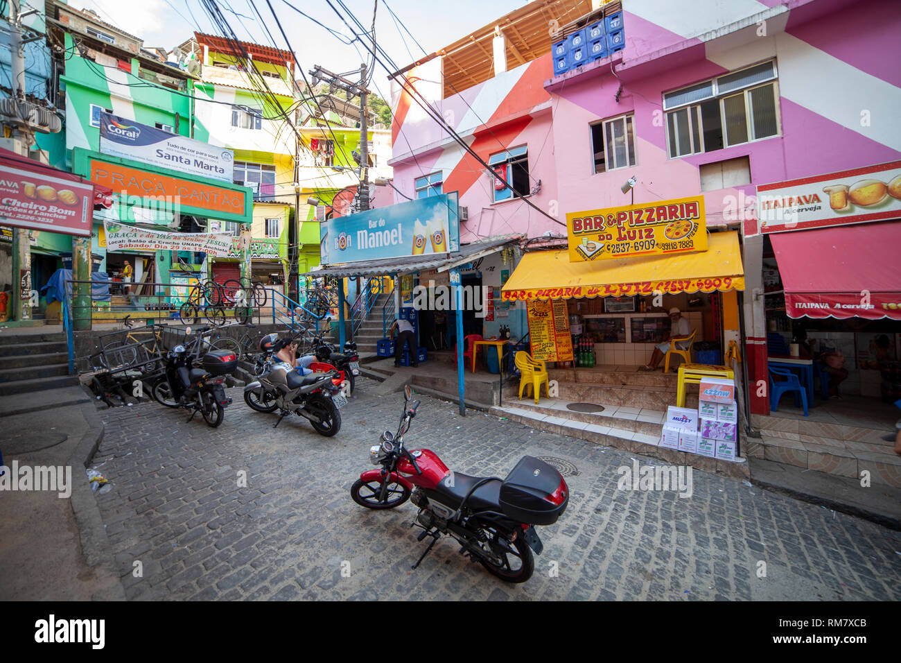 Colourful main square of the favela Santa Marta (Dona Marta) in Rio de ...