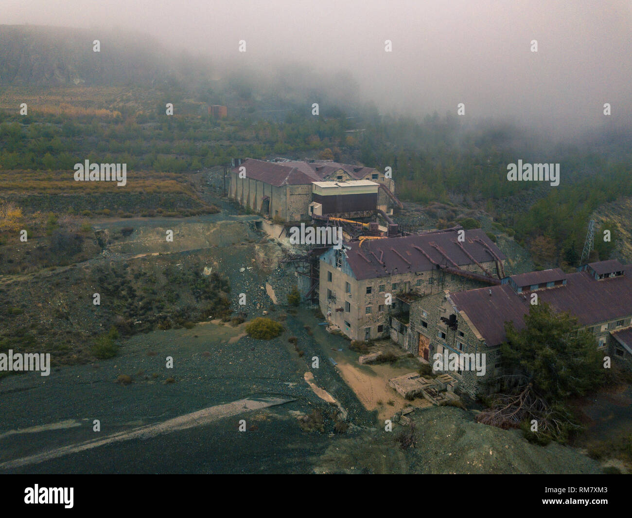 Aerial of Amiantos abandoned asbestos mine in mountain region of Trodos ...