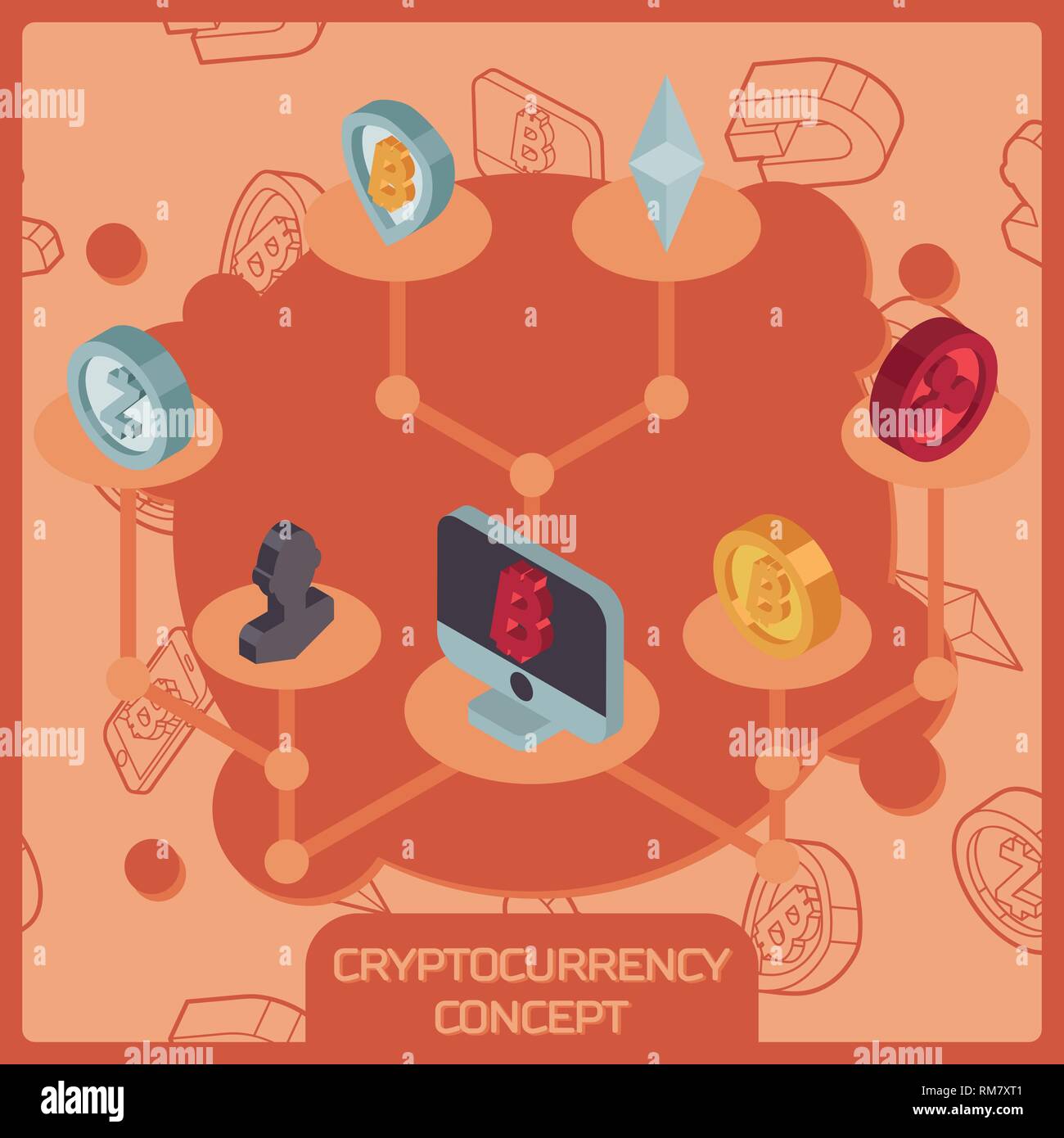 Cryptocurrency color isometric concept. Mining of coins and banknotes ...