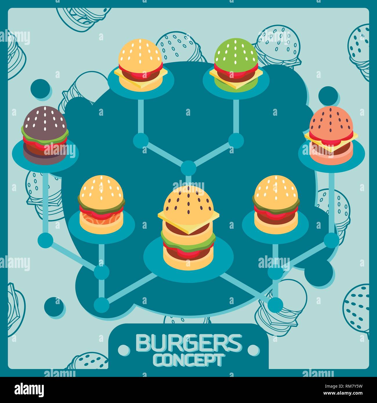 Burgers color isometric concept icons. Fast food design icons set Stock ...