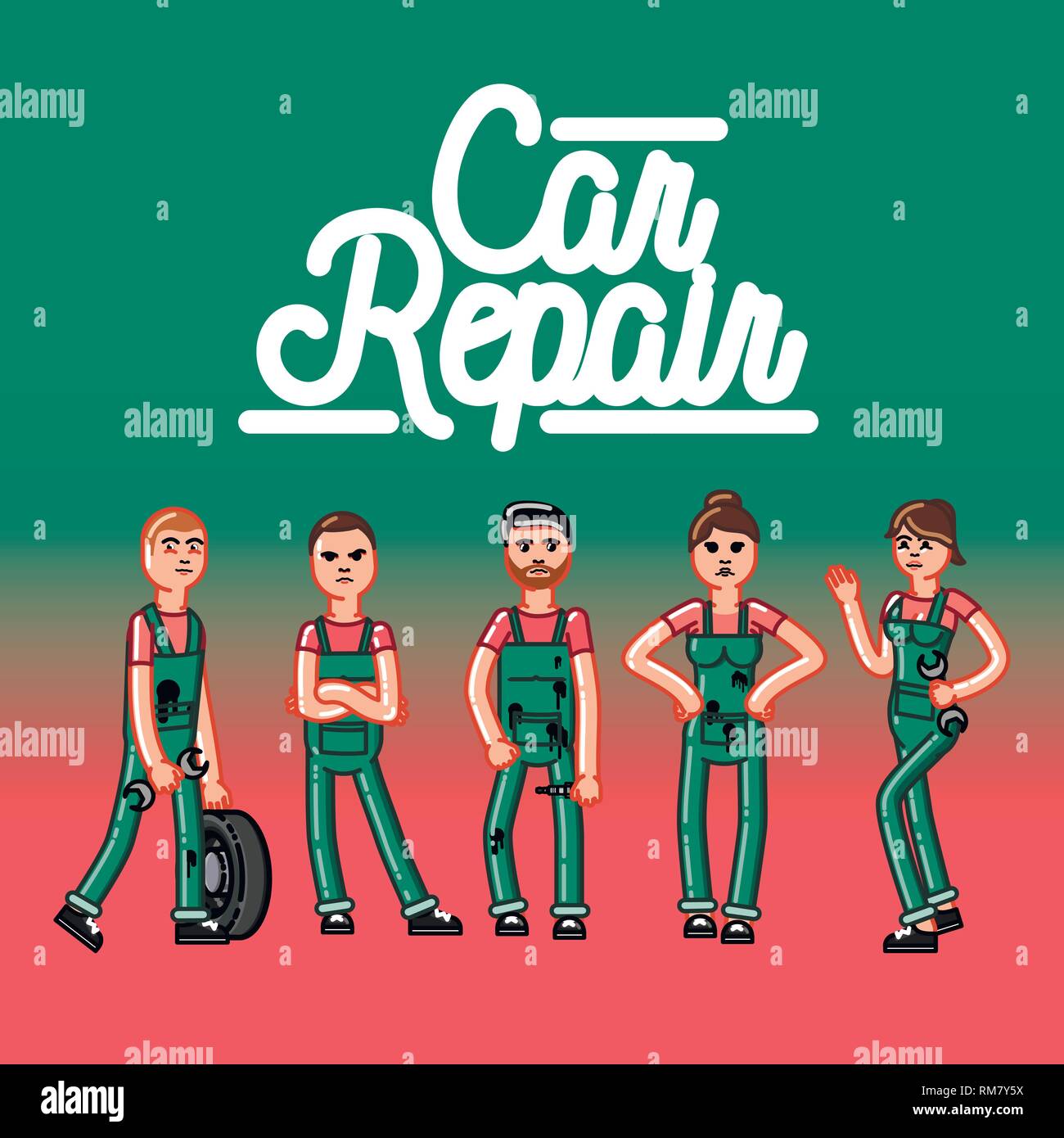 Car repair team. Repairman mechanic workers. Repair shop service ...